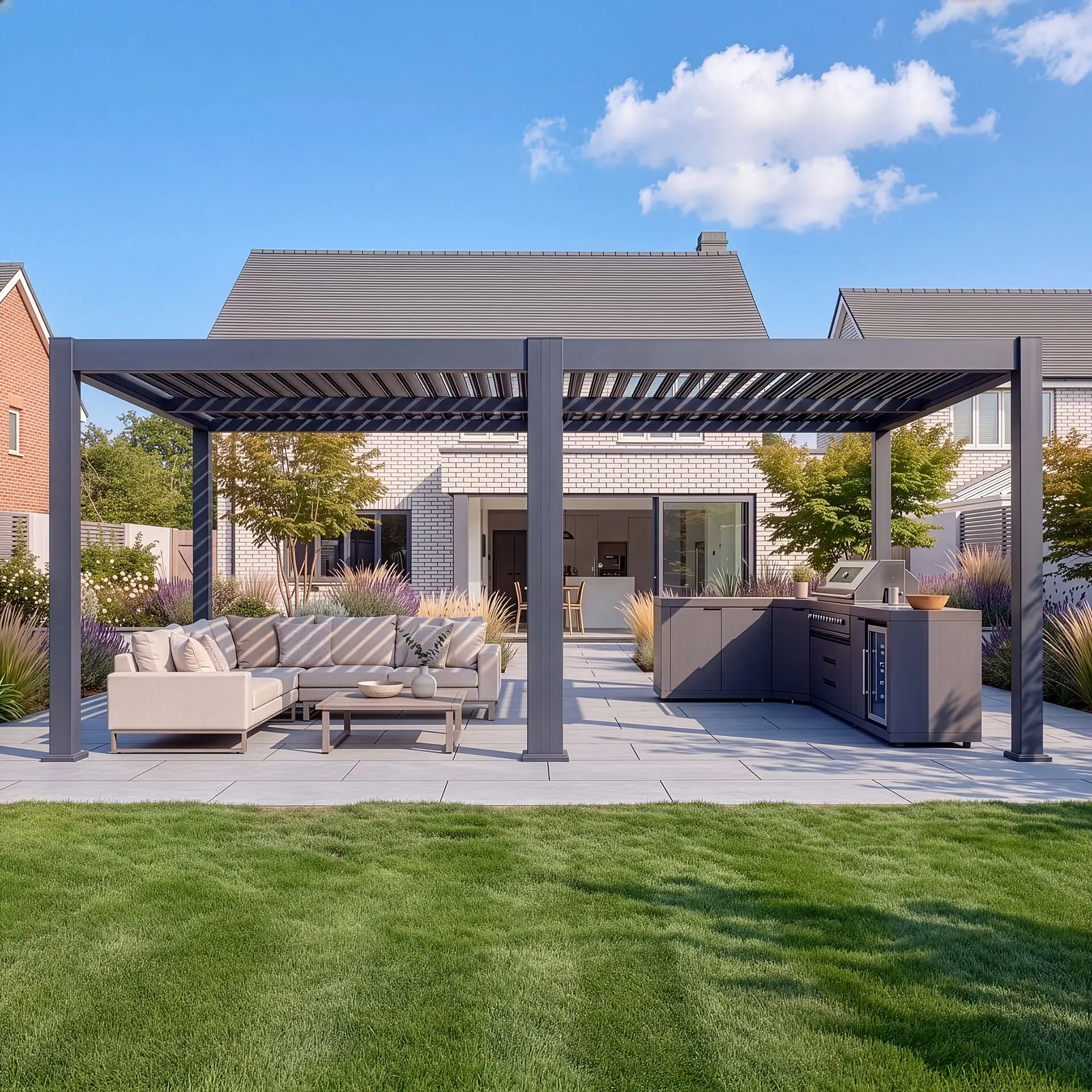 Eden 8m x 4m Aluminium Metal Pergola - LED Lights & Motorised Roof