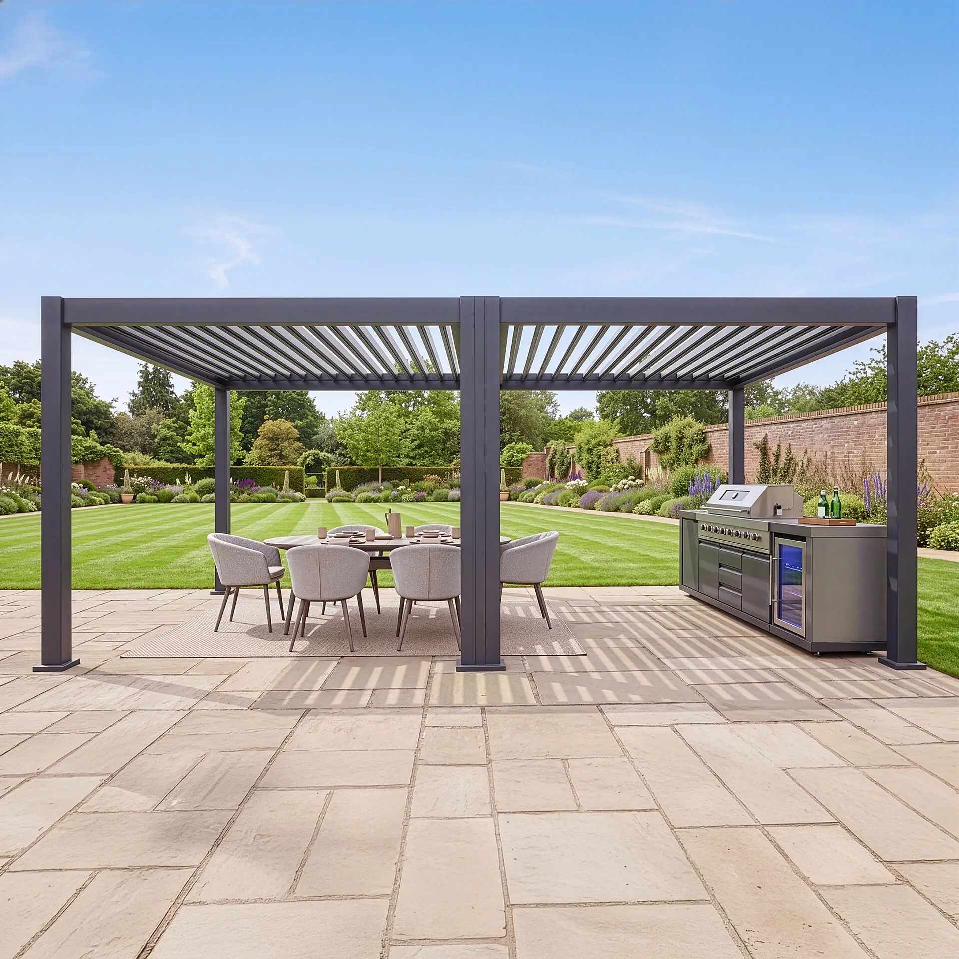Eden 8m x 3m Aluminium Metal Pergola - LED Lights & Motorised Roof