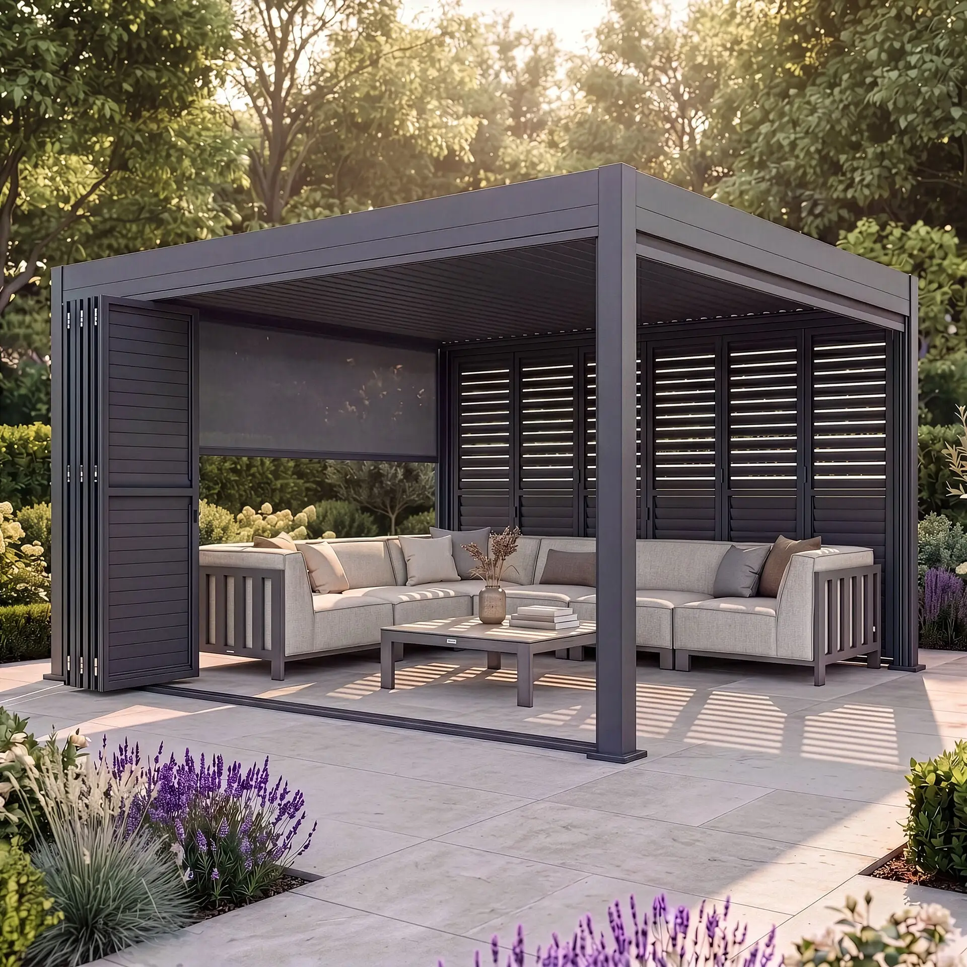 Eden 4m x 4m Aluminium Metal Pergola - Bi-Folding Louvre Doors & Blinds